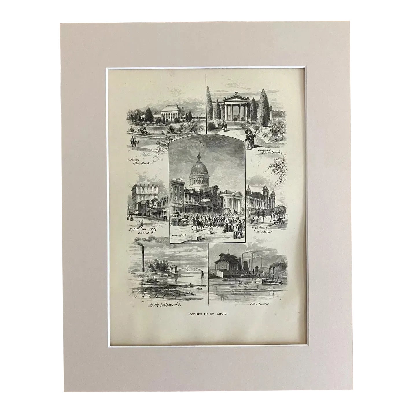 Antique 1874 Wood Engraving, "Scenes in St. Louis" MO in 11x14 Frame ...