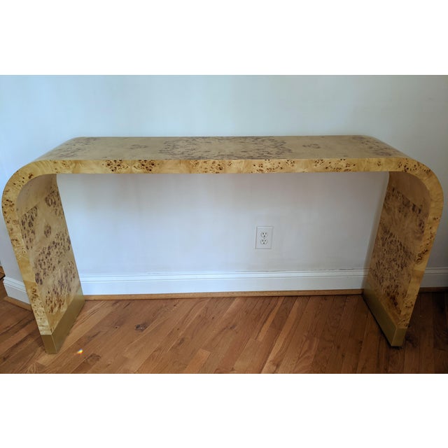 Modern Burlwood and Brushed Brass Waterfall Console Table | Chairish