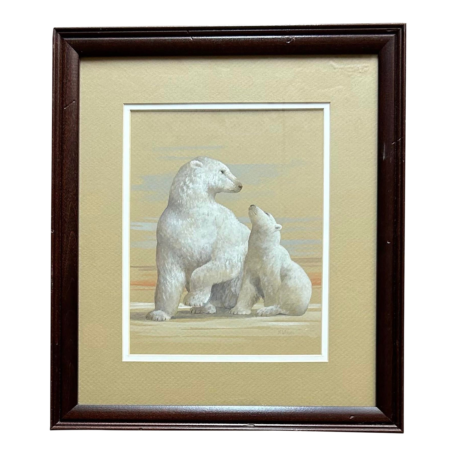 1990s Vintage Original Gouache Painting of Polar Bears by Wildlife ...