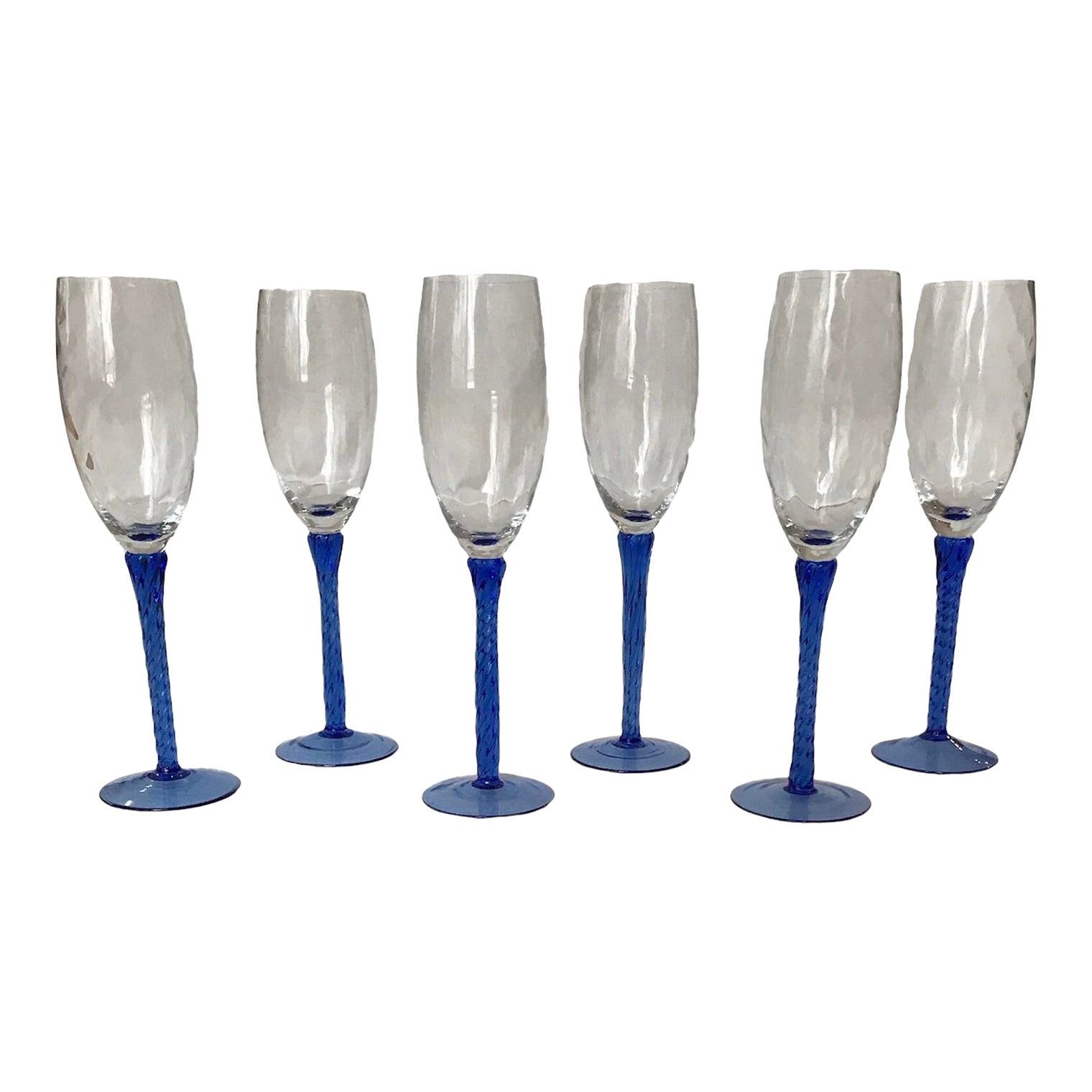 1980s Cobalt Blue Champagne Flutes with Twisted Stem Arabesque Glass ...