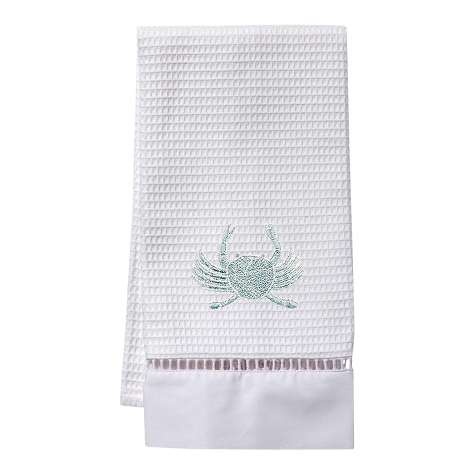 Aqua Crab Guest Towel White Waffle Weave, Ladder Lace, Embroidered ...