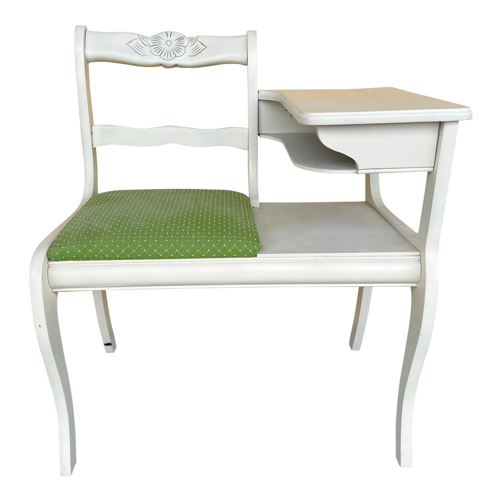 White Telephone Chair With Green Cushion | Chairish