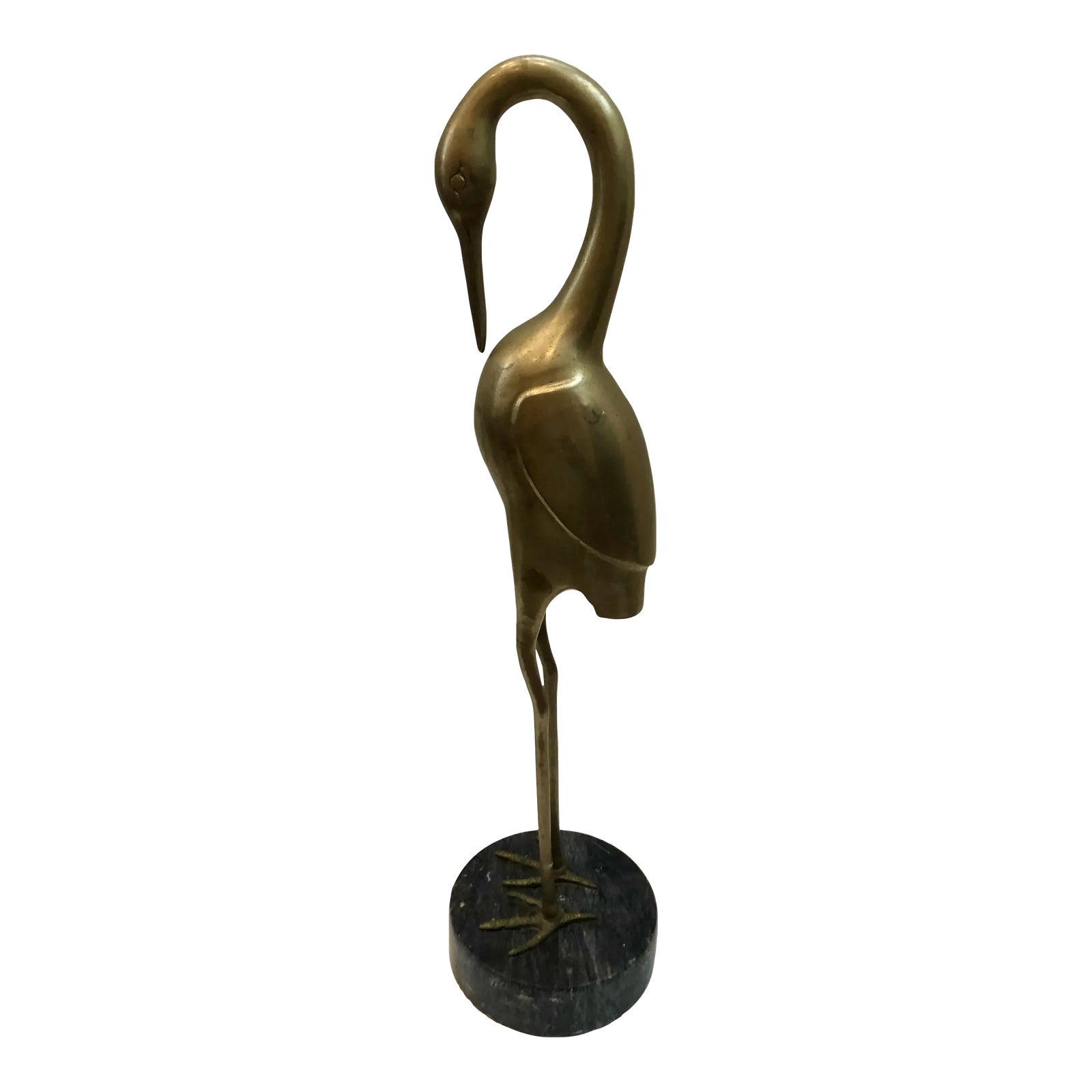 Tall Midcentury Italian Brass Crane Statue on Marble Stand | Chairish