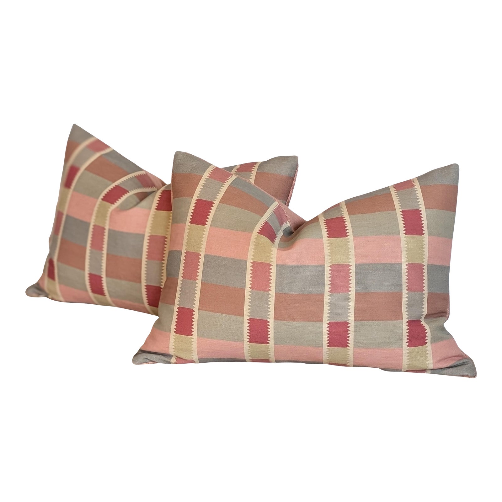Bennison Toothcheck Pink Lumbar Pillows - Pair | Chairish