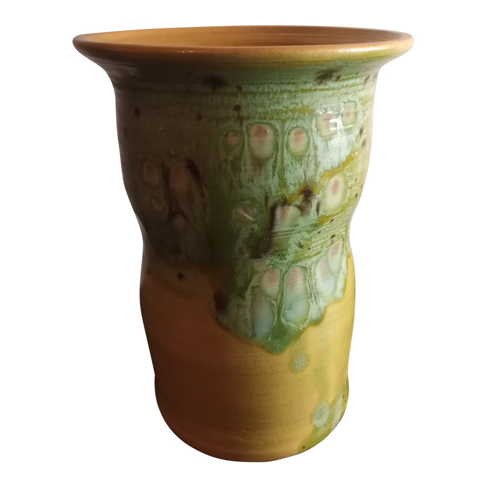 1980s Bar Harbor Pottery Maine Green/Beige Drip Glaze Vase | Chairish