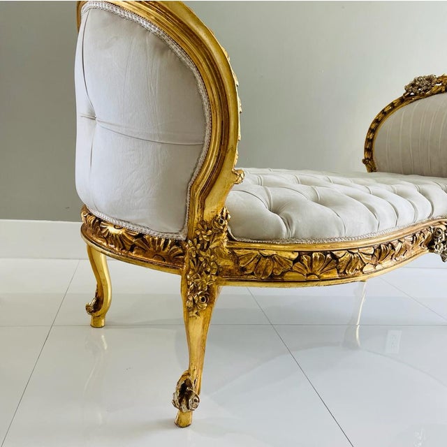 Marquis French Tufted Velvet & Gold Frame Bench | Chairish