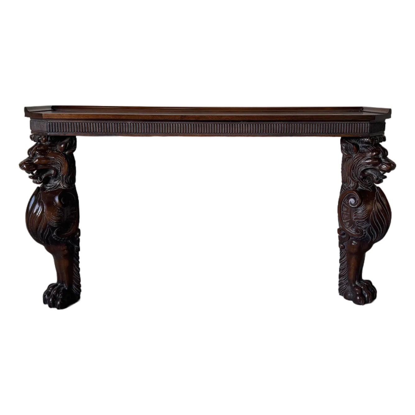 Vintage Hollywood Regency Style Carved Lion Wood Console Table | Chairish