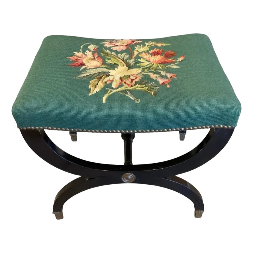 Early 20th Century Regency Style Teal Needlepoint Bench With Brass Feet ...