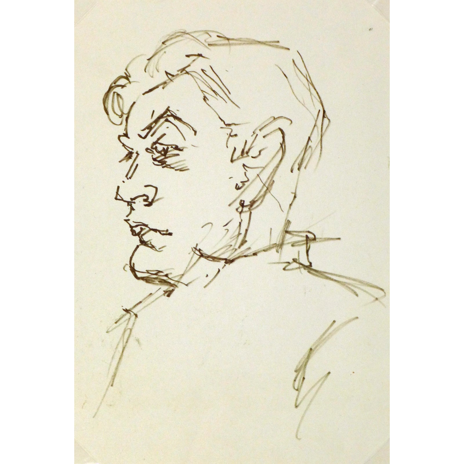 Vintage Man in Profile Ink Drawing, C. 1950 | Chairish