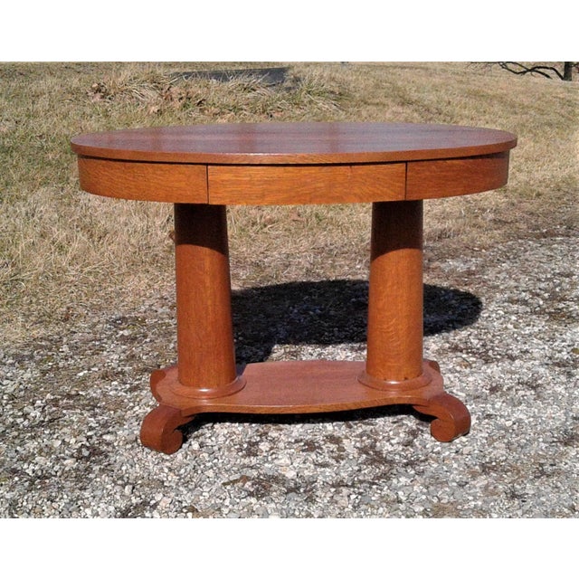 Antique Quarter Sawn Solid Oak Oval Top Library Table 1920s Era | Chairish
