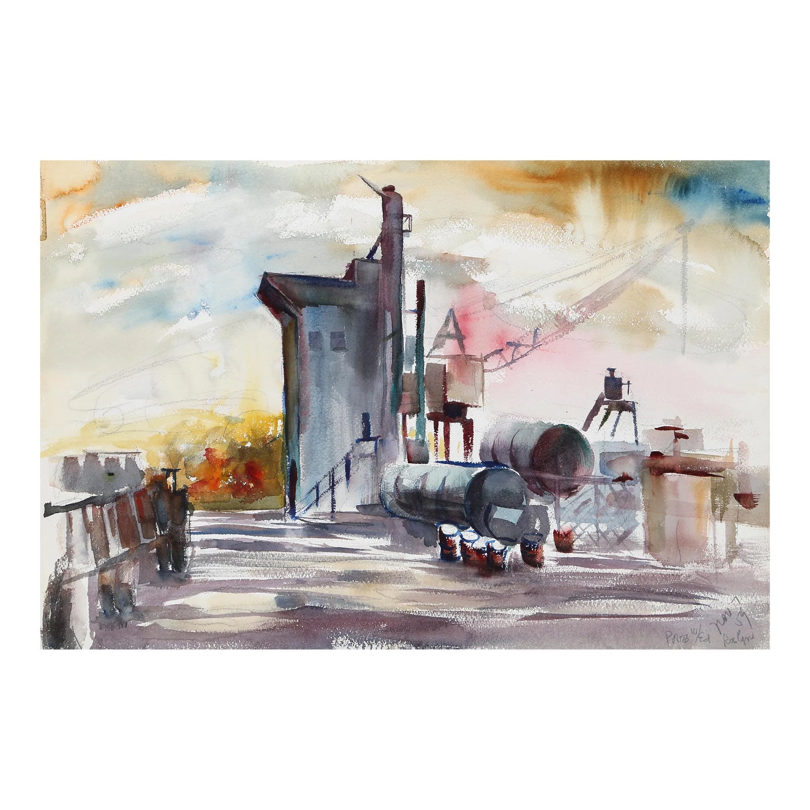 1950s "Oil Refinery P1.12" Watercolor Painting by Eve Nethercott | Chairish