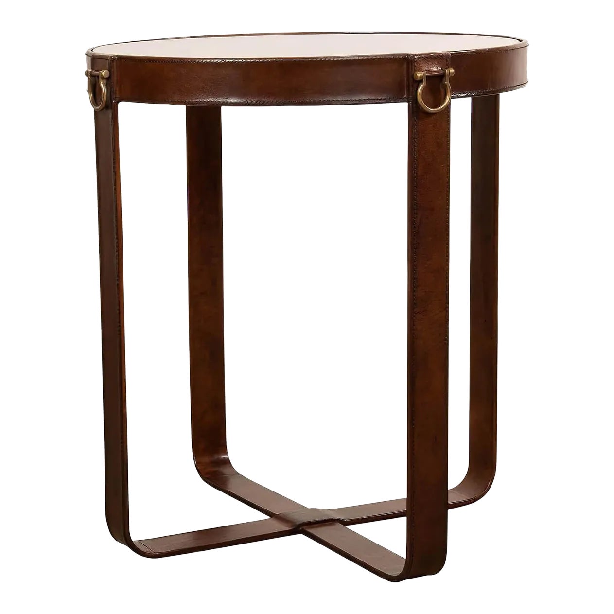 Industrial Round Leather End Table | Chairish