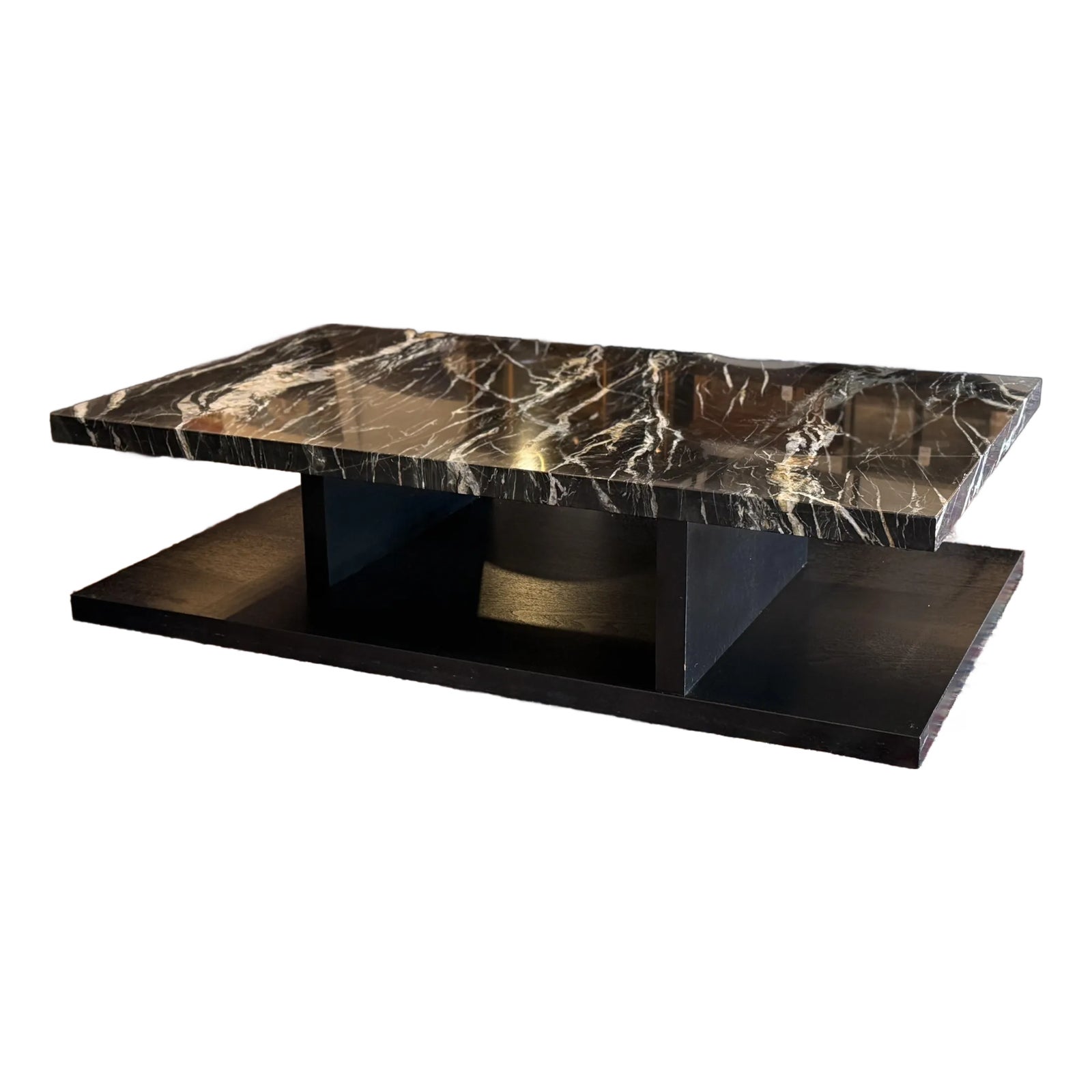 April Sheldon Design Custom Black Marble + Wood Coffee Table | Chairish