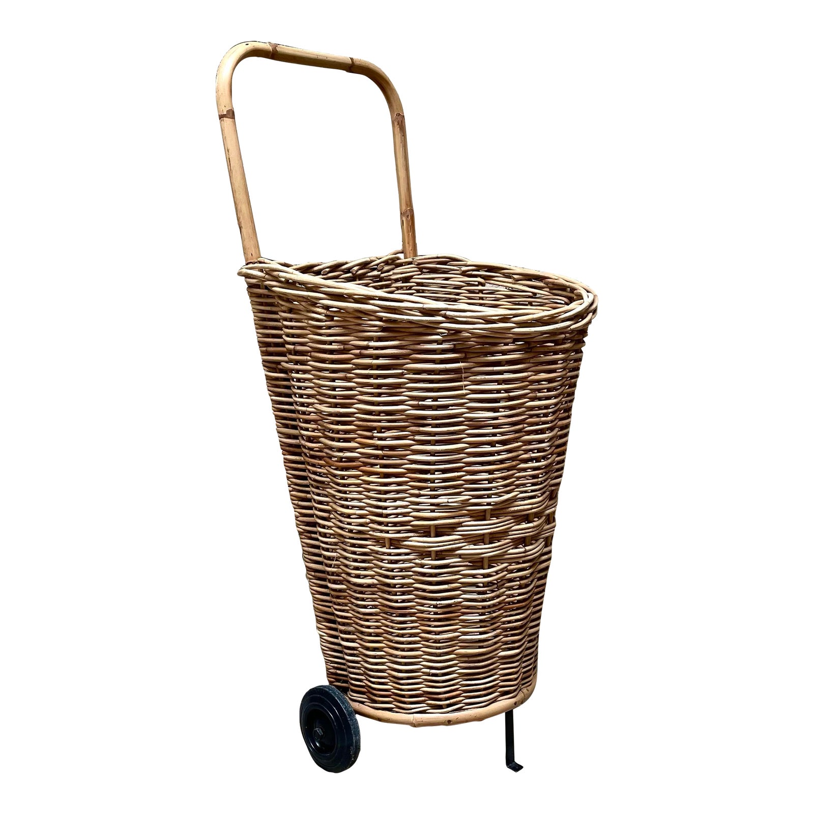 Late 20th Century Rolling Pull Cart French Wicker Market Basket | Chairish