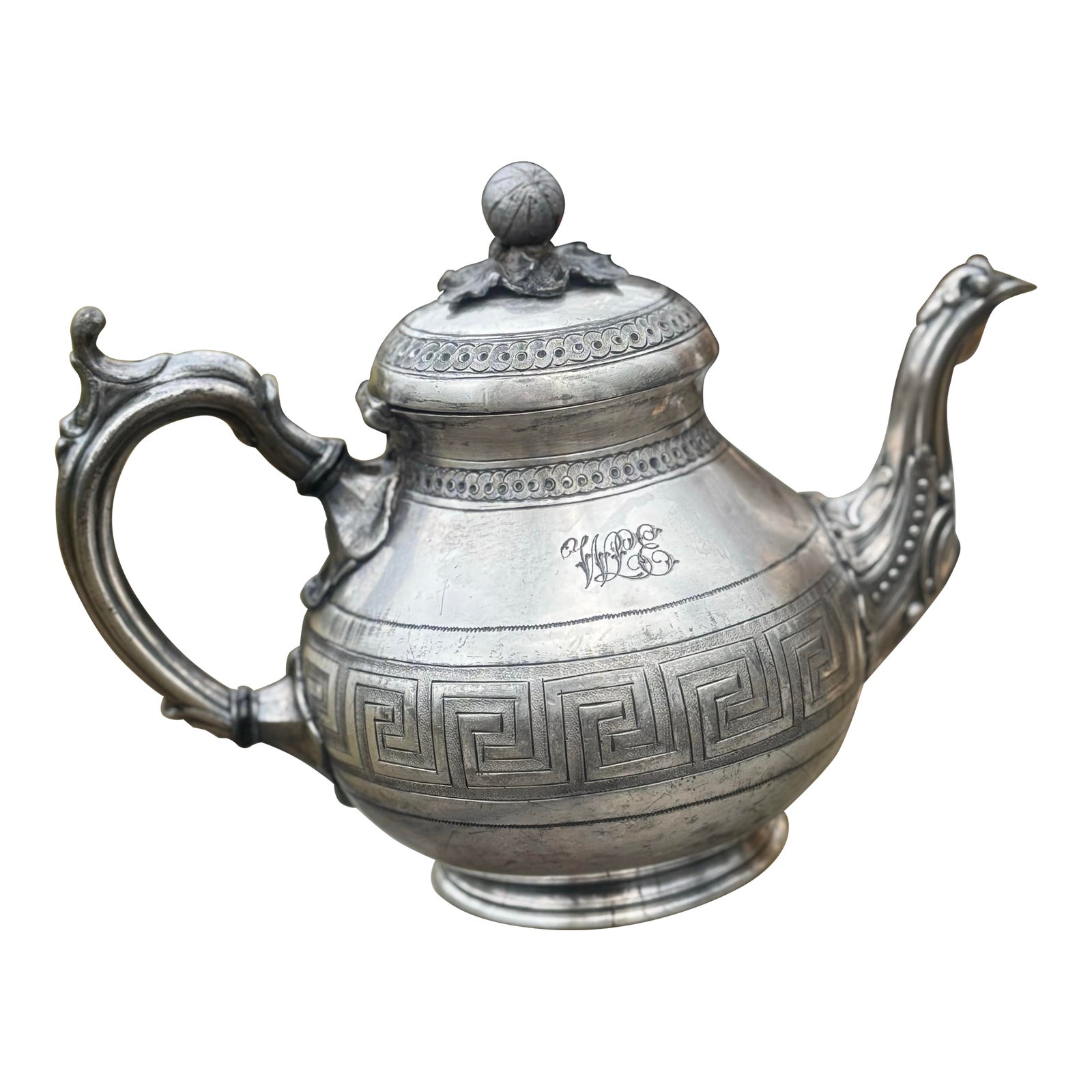 19th Century Silver Plated Teapot With Engraving and Greek Key Design ...
