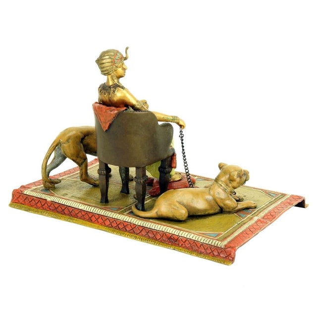 Orientalist Polychrome Bronze Pharaoh Sculpture with Lionesses | Chairish