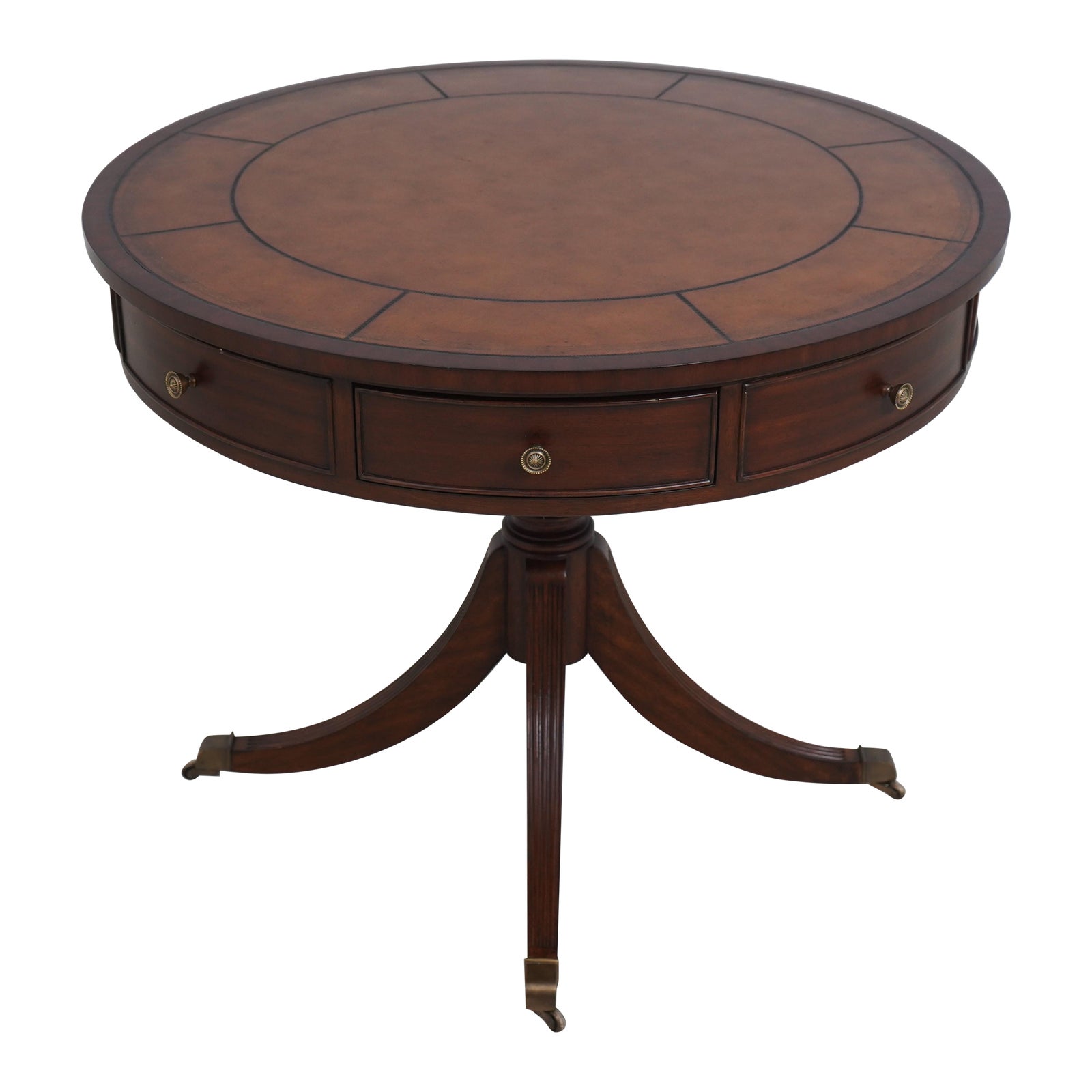 Ethan Allen Round Leather Top Drum Table | Chairish