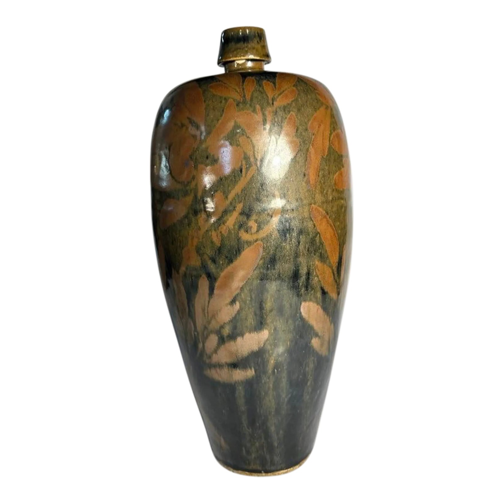 Large Japanese Tenmoku Glazed Vase With Leaf Design | Chairish