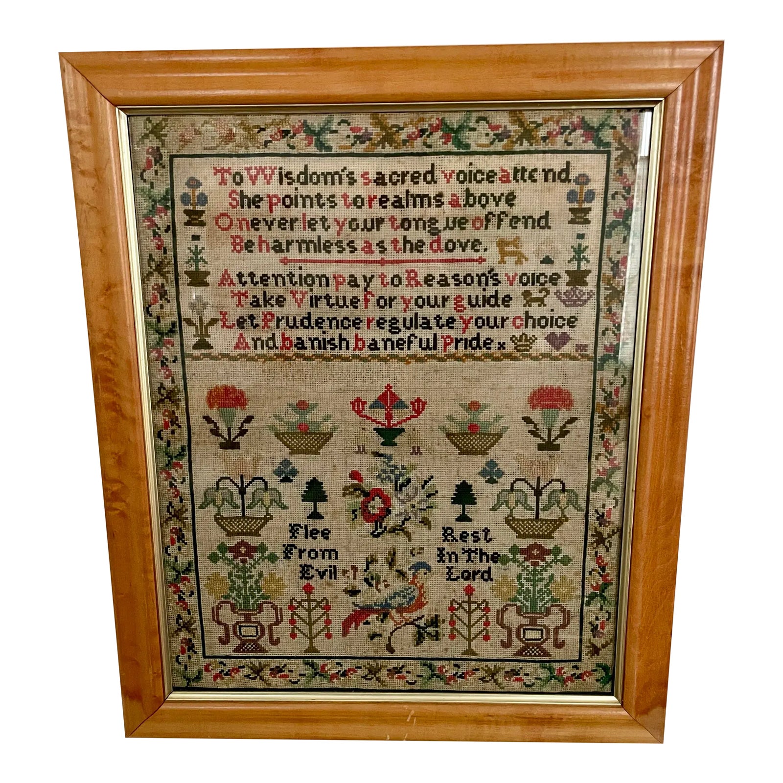 Antique English Needlework Sampler Under Glass With Maple Frame by ...