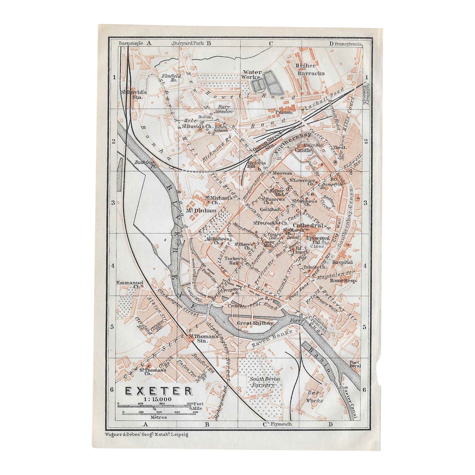 1910 Antique English Map of Exeter | Chairish