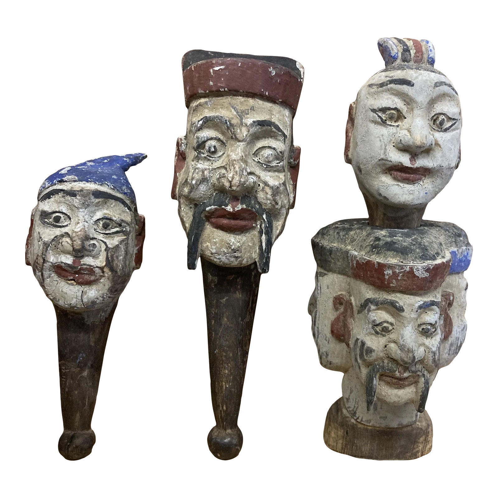 19th Century Chinese Hand Carved Wooden Puppet Heads | Chairish