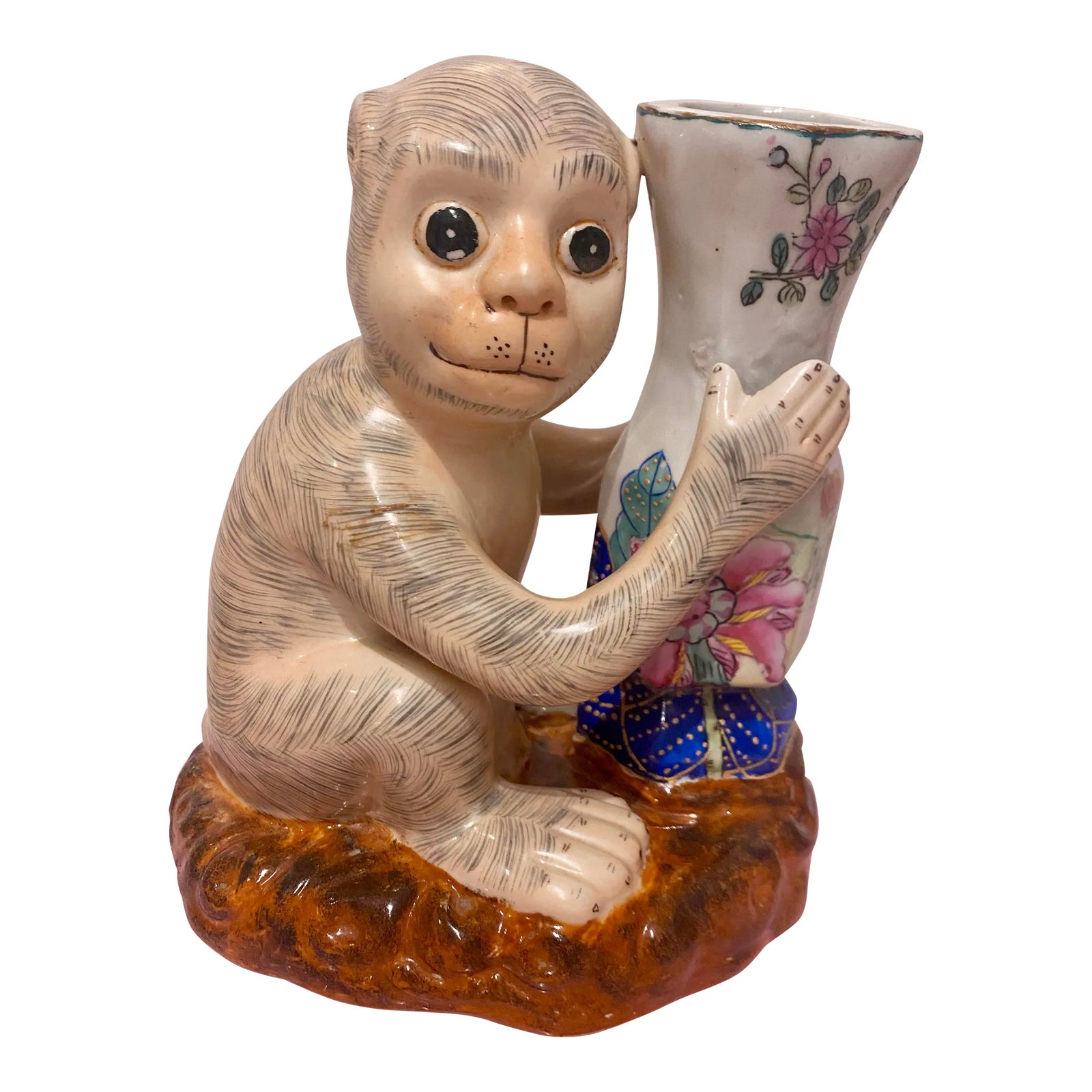 Vintage Chinese Monkey Holding Tobacco Leaf Pattern Vase | Chairish
