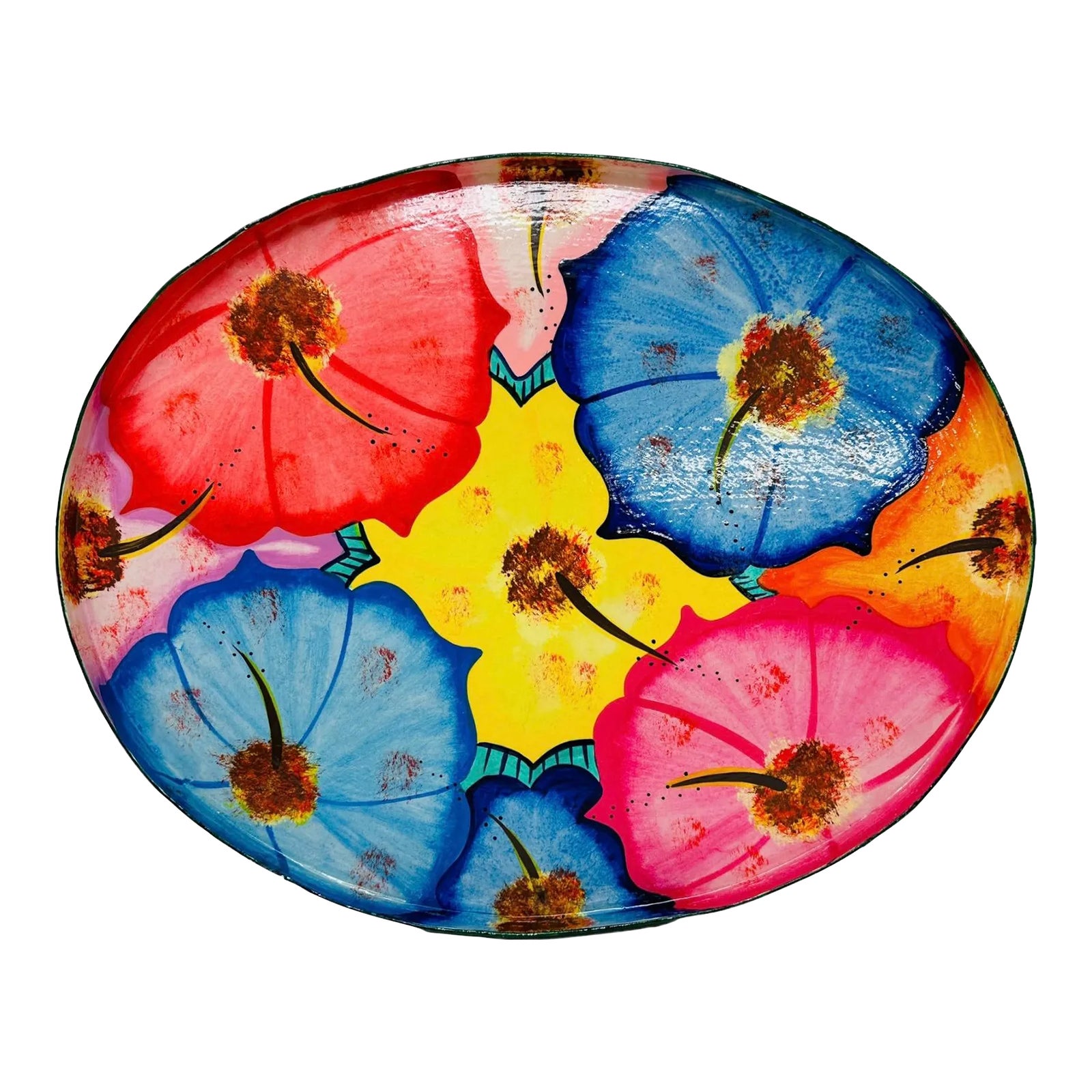 Vintage Colorful Hand-Painted Hibiscus Wood Tray | Chairish