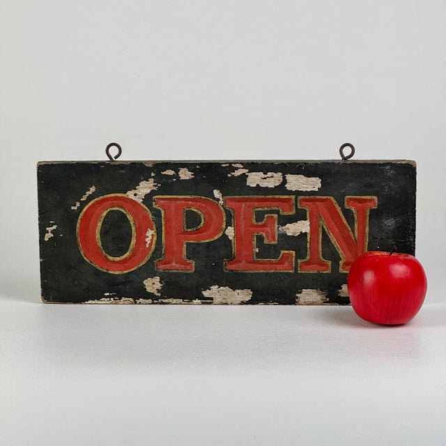 Vintage Front & Back "Open" Wood Sign in Red Font | Chairish