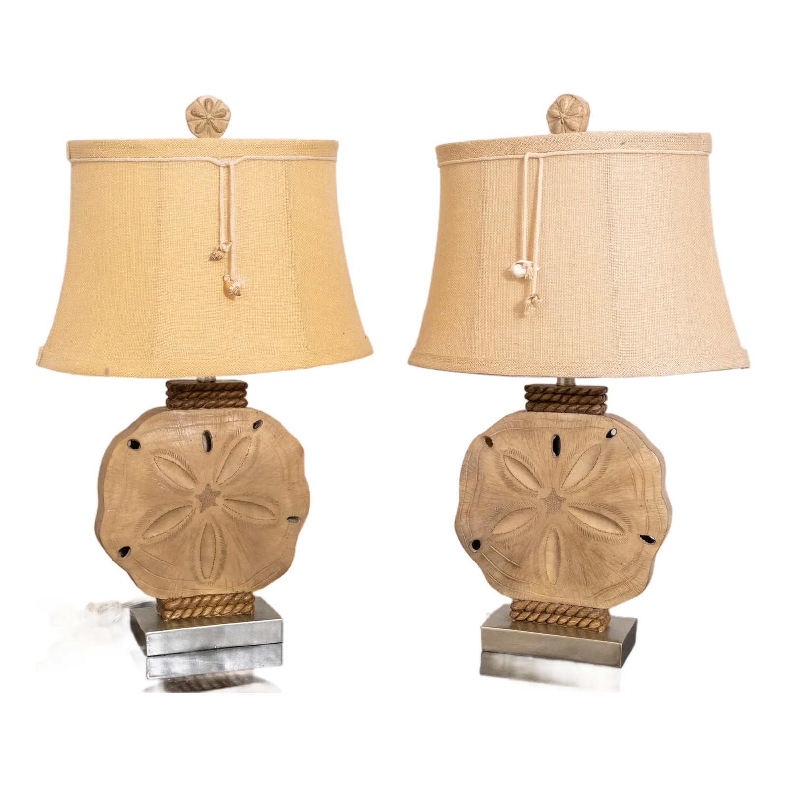 Pair of Sea Shore Beach Sand Dollar Rope Lamps W/ Shades | Chairish
