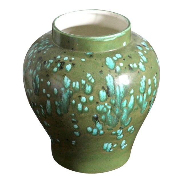 1960s Green with Blue Splatter Glaze Pottery Vase | Chairish