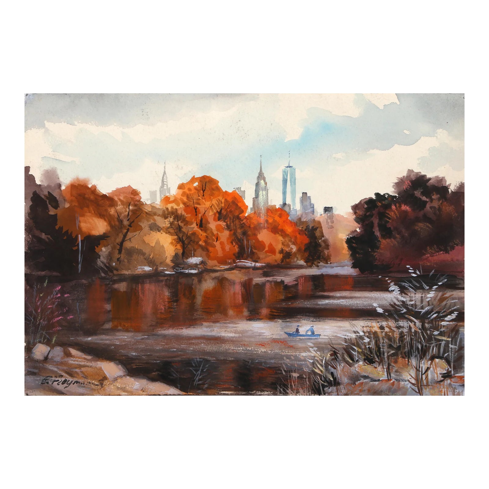 Fall in the Park, Erik Freyman Watercolor With Pastel, Signed in Pen ...