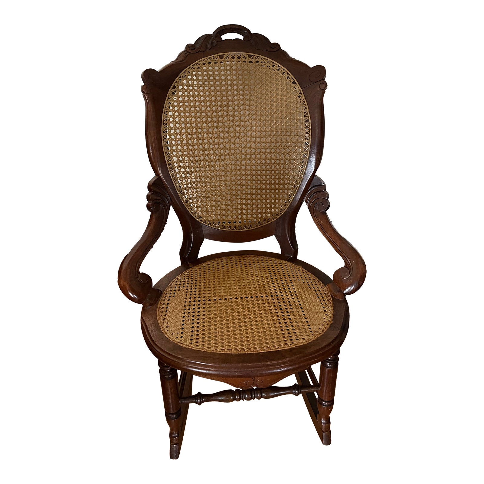 Early 20th Century Antique Walnut Cane Back Rocking Chair | Chairish