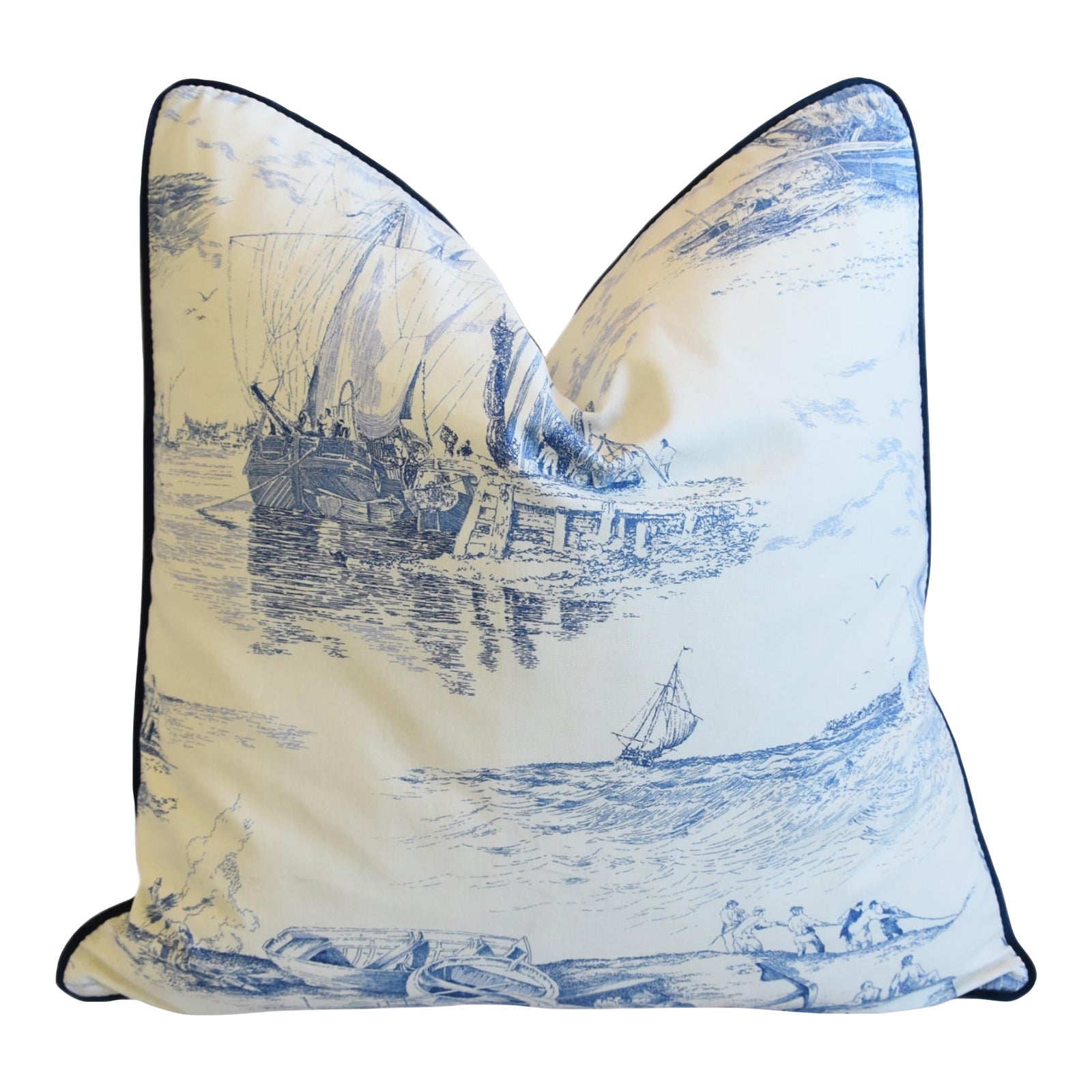 French Blue & White Nautical Ship Feather/Down Pillow 24" Square | Chairish