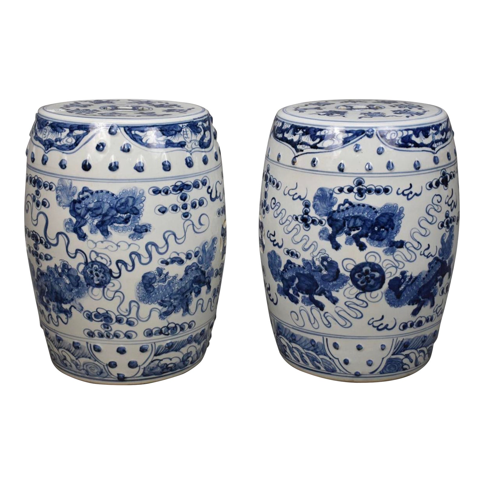 Pair of Chinese Blue & White Porcelain Garden Stools Featuring Foo Dogs ...