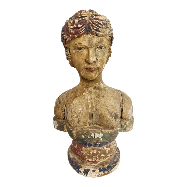 Antique Carved Wooden Polychrome Bust of Woman | Chairish