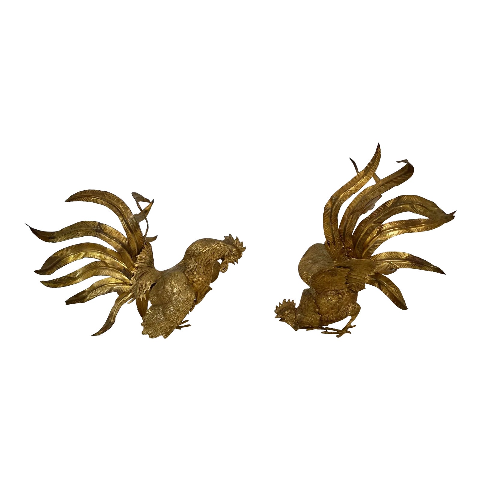 1960's Hollywood Regency Solid Brass Rooster Sculptures - a Pair | Chairish