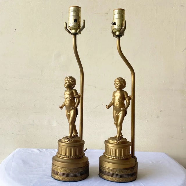 French Gilt Cherub Figural Torch Table Lamps - a Pair | Chairish