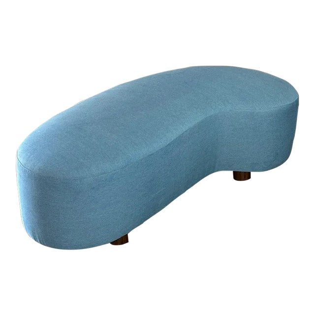 Denim Ottoman With Walnut Legs | Chairish