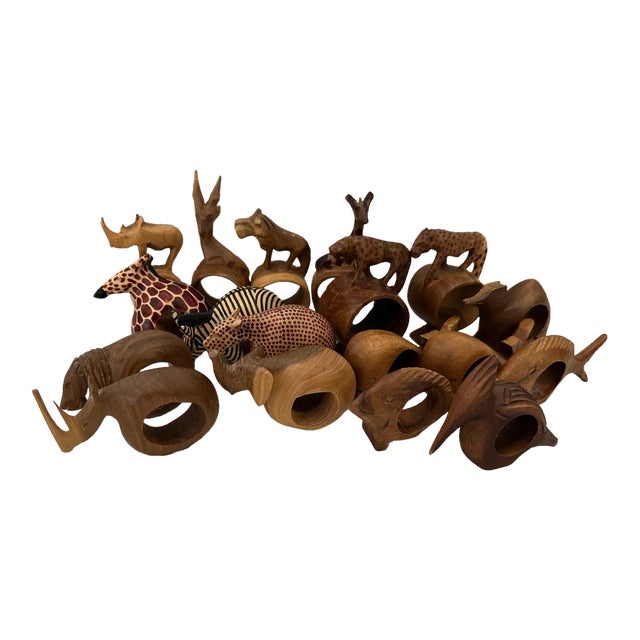 Various Set of 18 Carved Wood Animal Napkin Rings | Chairish