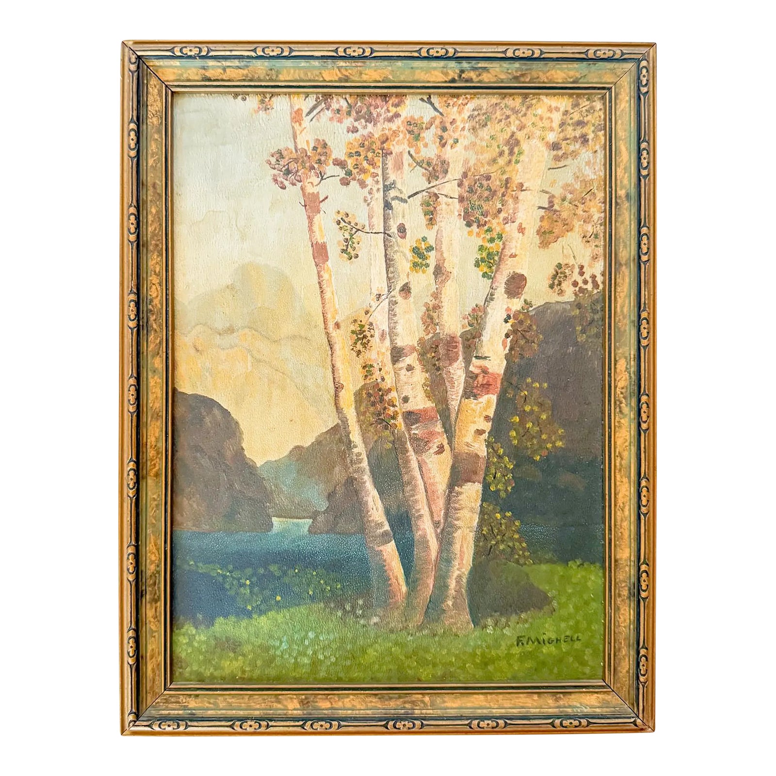 Early 20th Century Riverside Birch Trees Painting on Board by F ...