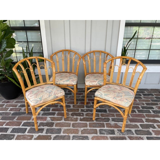 Vintage Set of 4 Coastal Rattan Dining Chairs With Curved Backs and ...