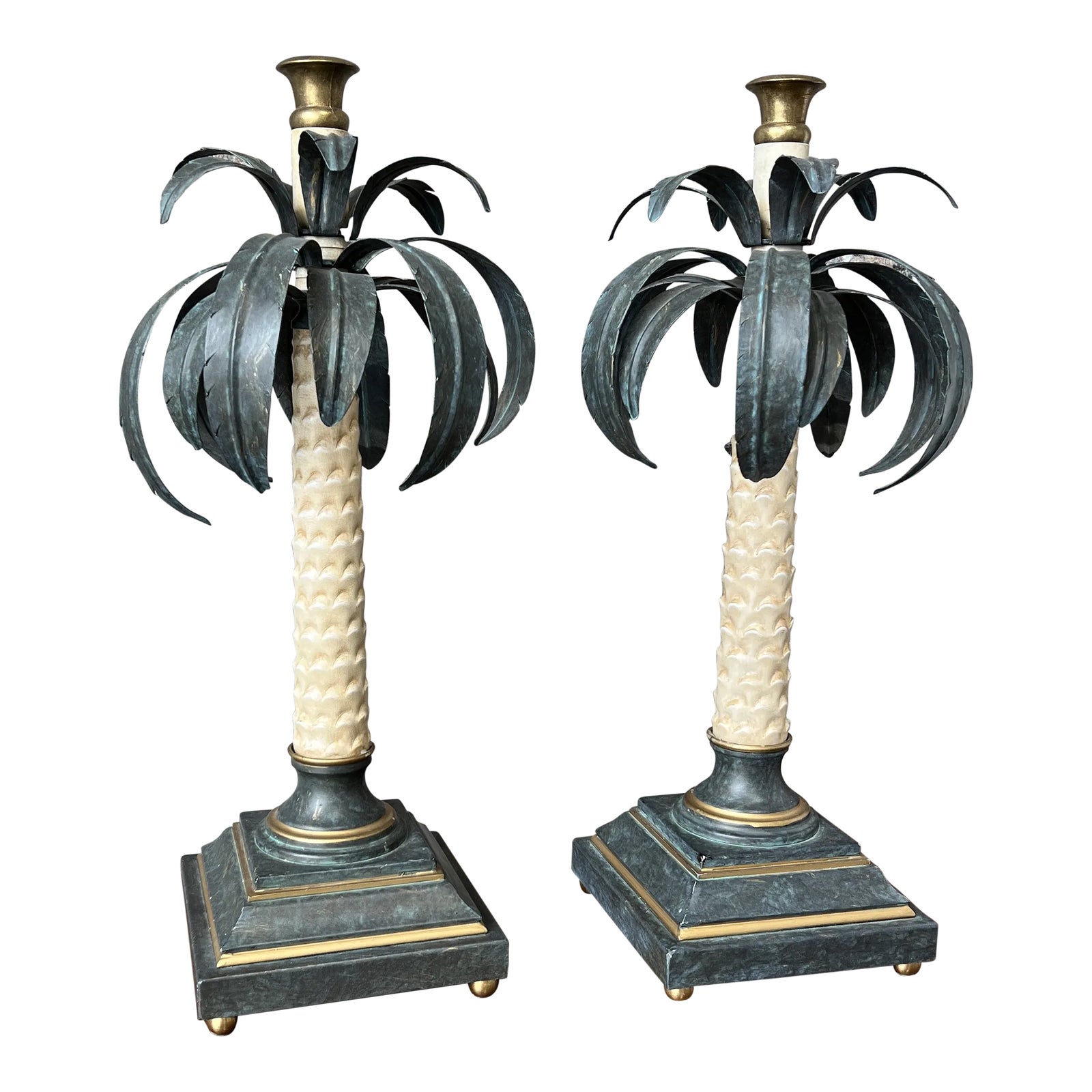 1990s Italian Hand Painted Palm Tree Candle Sticks - a Pair | Chairish
