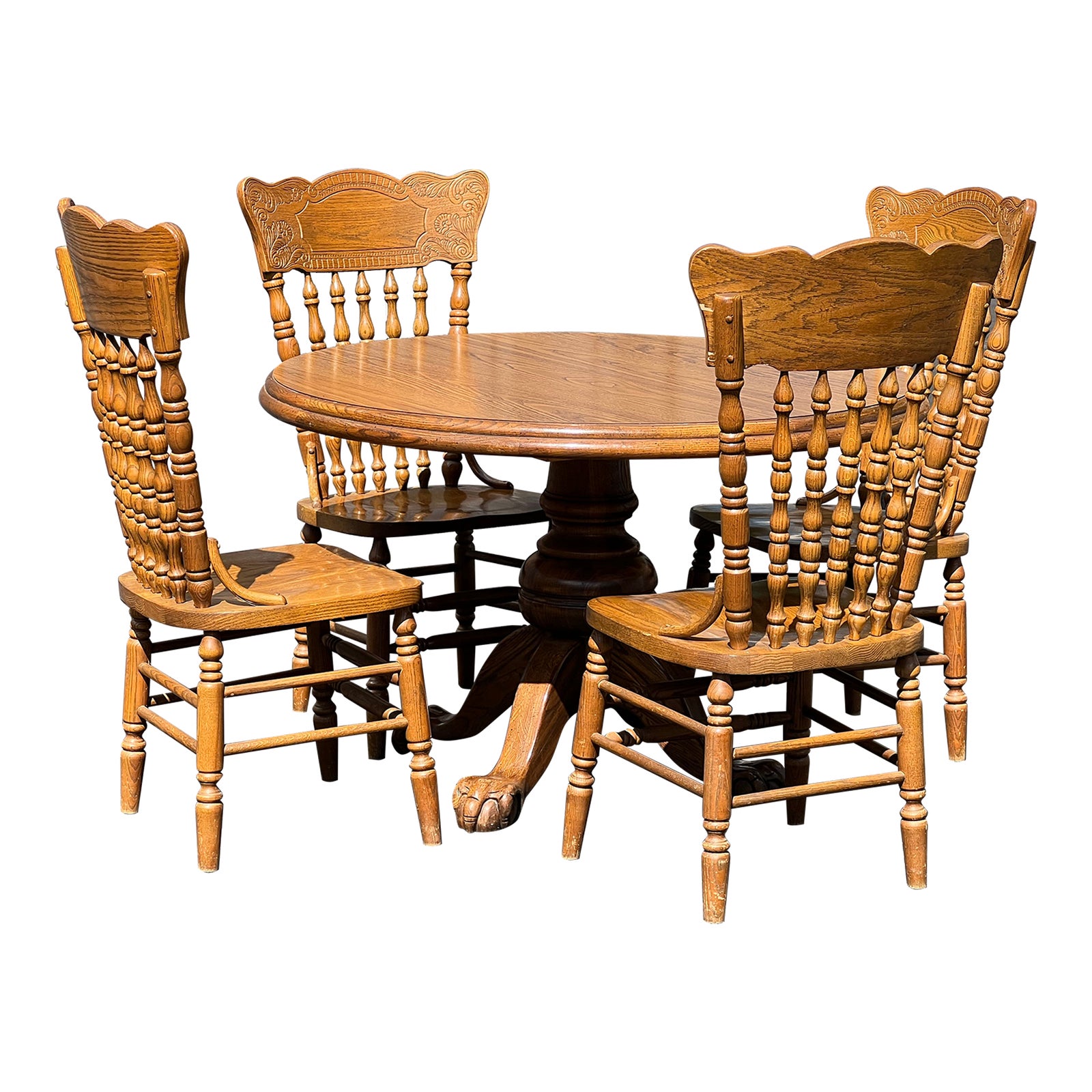1980s Vintage Oak Dining Set With Paw Foot Table and Press Back Chairs ...