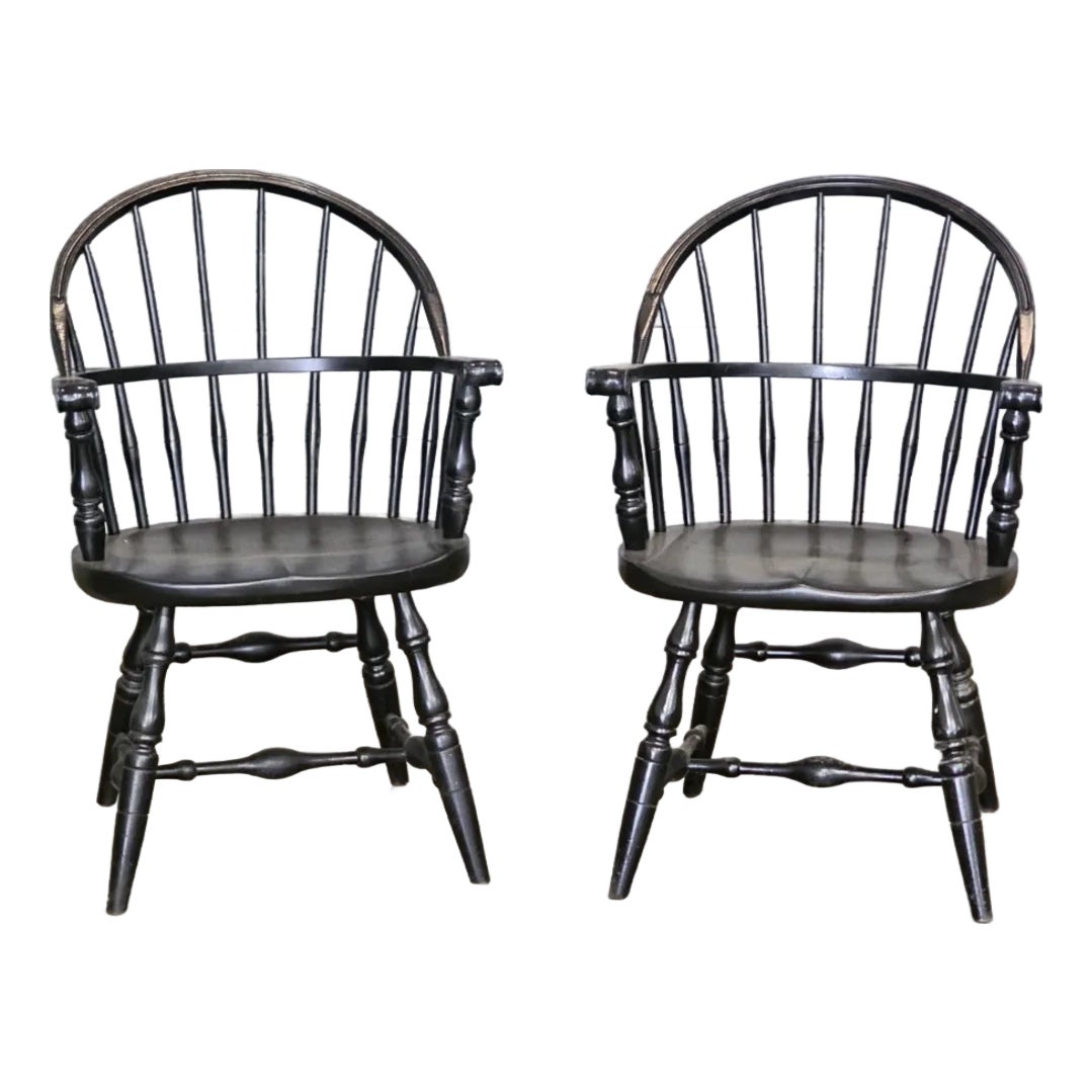 Pair of P. Derby Sack Back Windsor Arm Chairs Black Finish Made in ...