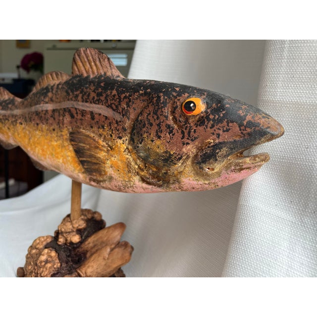 Vintage Hand Carved and Painted Wooden Fish Mounted on Driftwood | Chairish