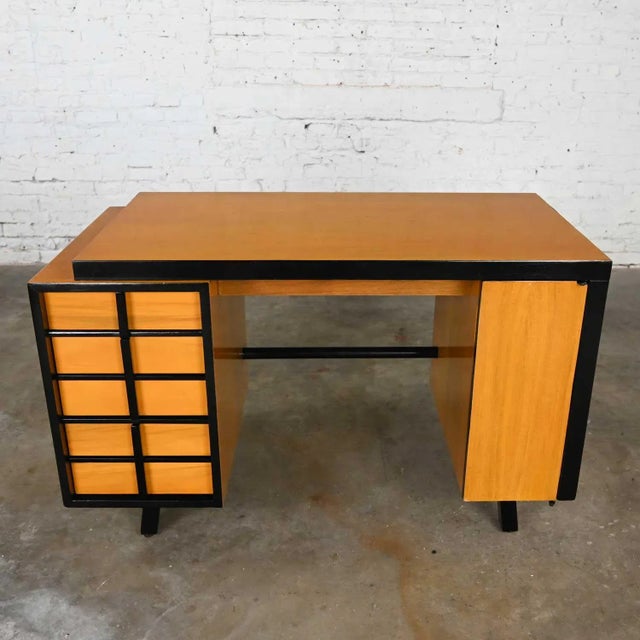 Vintage Mid Century Modern Art Deco Maple Colored Desk With Black ...
