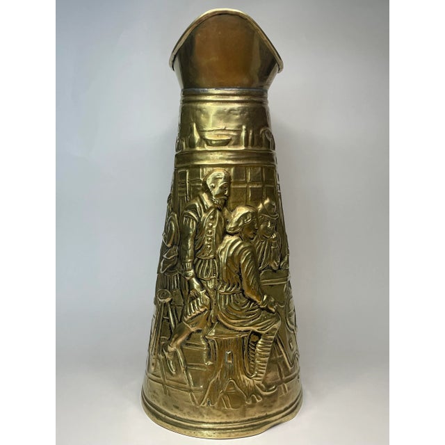 Mid Century Modern English Embossed Brass Pitcher, Pub Scene | Chairish