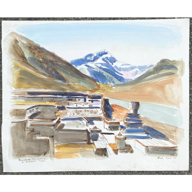 1990 Fred Atkinson Mount Everest Tibetan Watercolor | Chairish