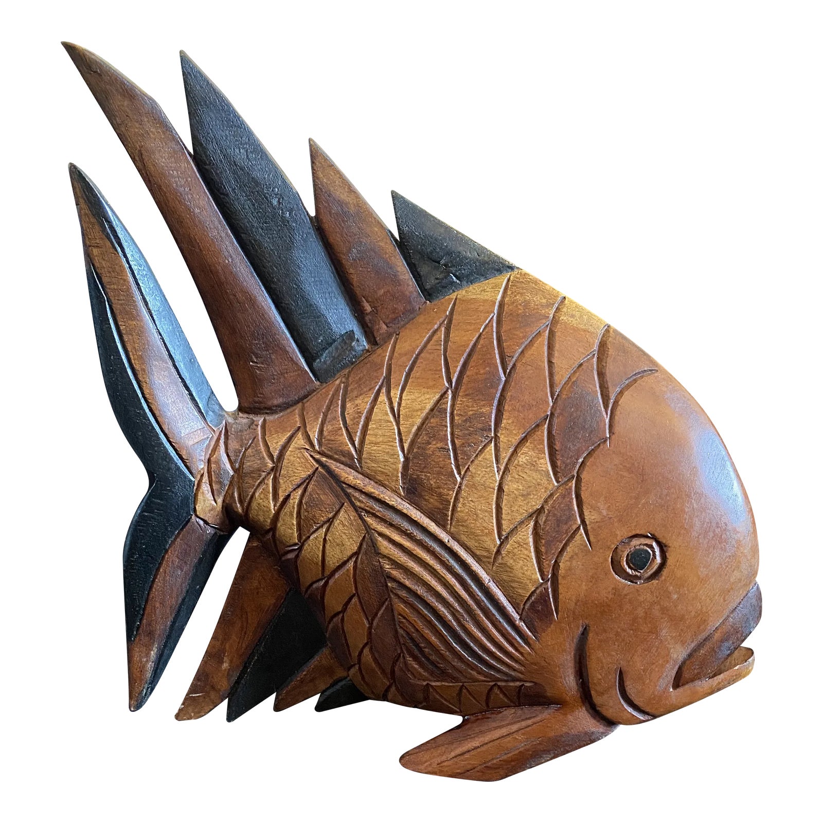 1980s Large Hand Carved Wood Fish | Chairish
