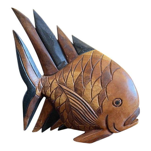 1980s Large Hand Carved Wood Fish | Chairish